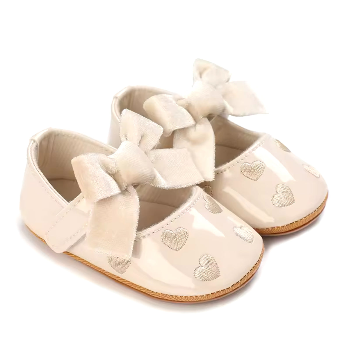 Infant Girl Party Shoes with Velvet Bow & Cream Hearts – True