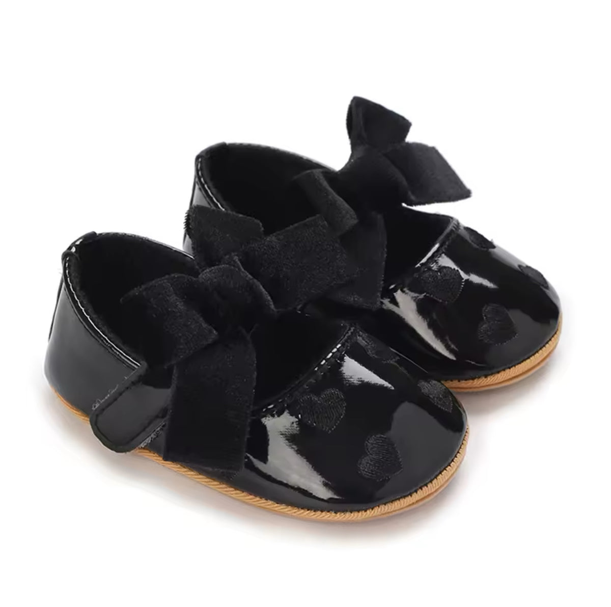 Infant Girl Party Shoes with Velvet Bow & Black Hearts – True