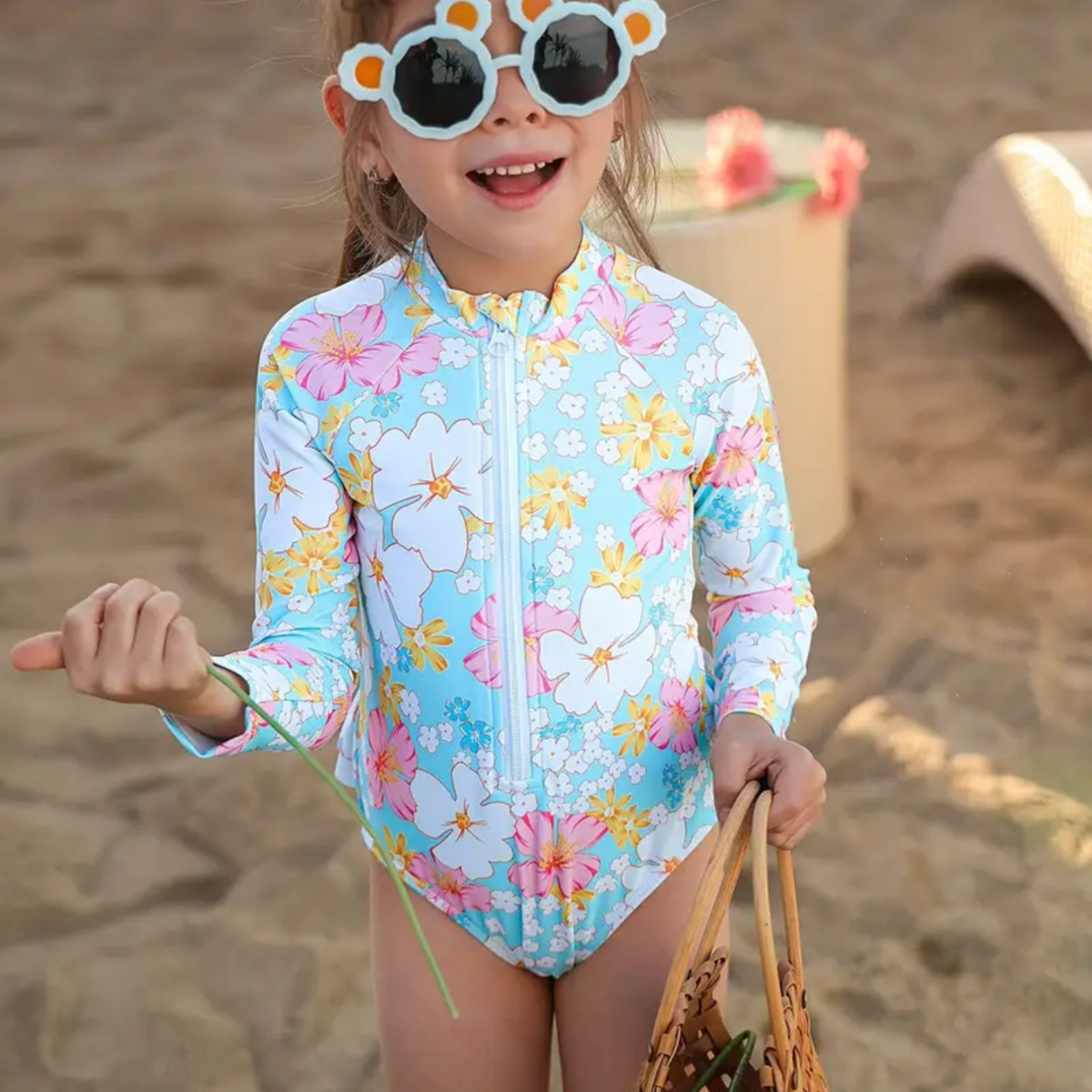 Girls Long Sleeve One Piece Zipper Front Swimsuit in Floral Blue & Pin ...