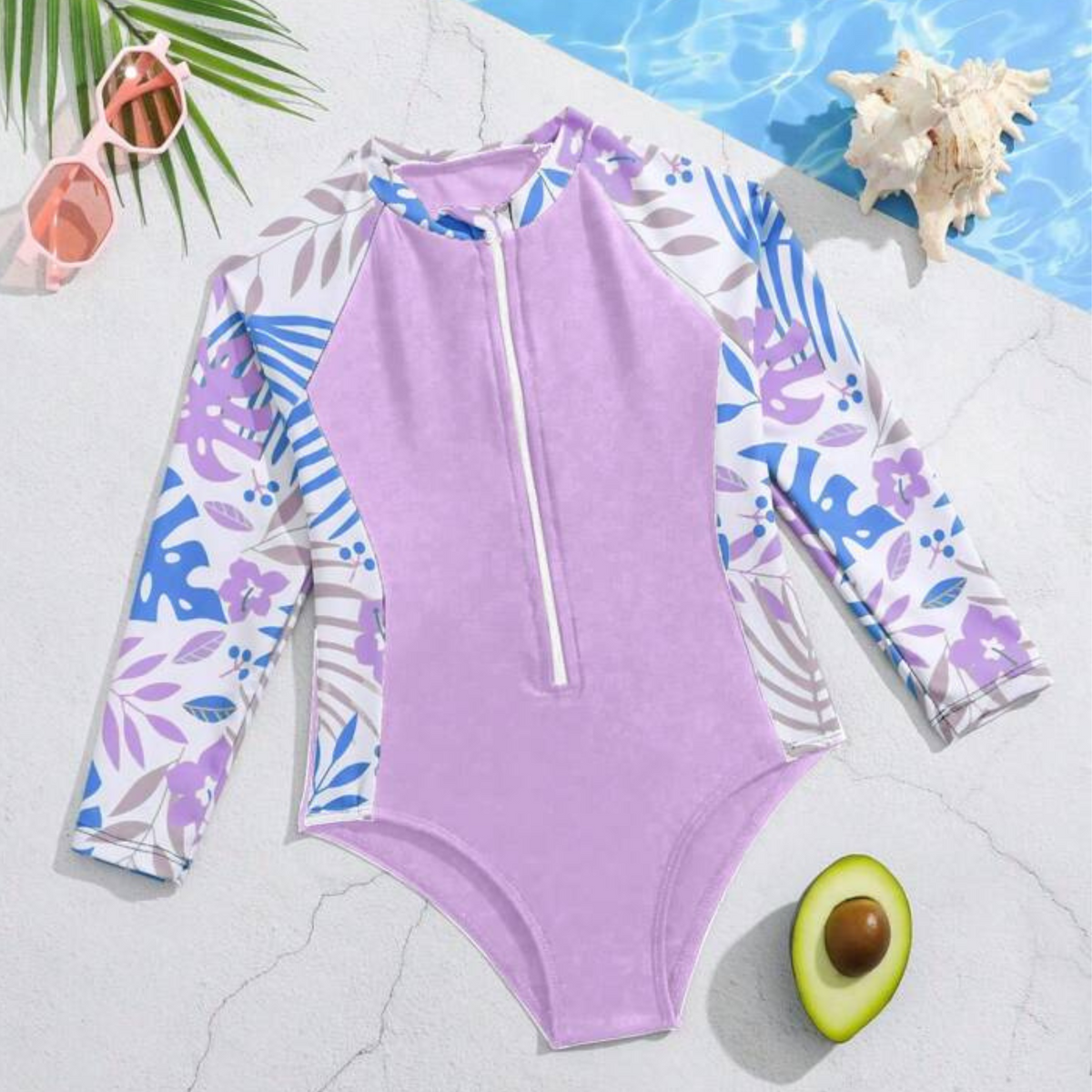 One Piece Lilac Tropical Long Sleeve Swimsuit for Girls – True
