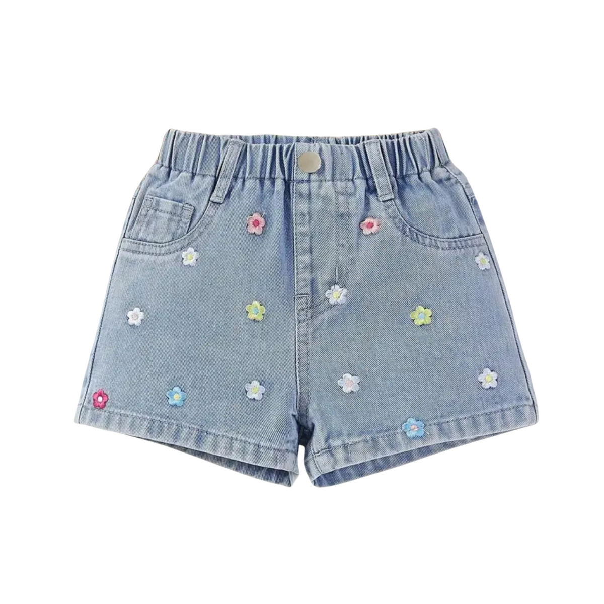 Girls Blue Denim Shorts With Flower Embroidery – True
